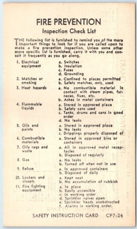 Safety Instruction Card Fire Extinguisher Chart Prevention Inspection ...