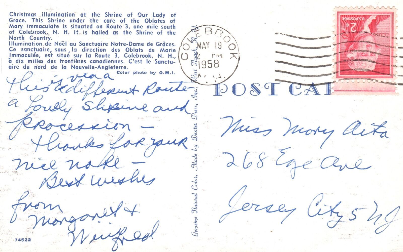 Vintage Postcard 1958 Christmas Illumination Shrine Our Lady Of Grace ...