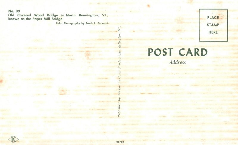 Vintage Postcard Old Covered Bridge Known Paper Mill Bridge Bennington ...