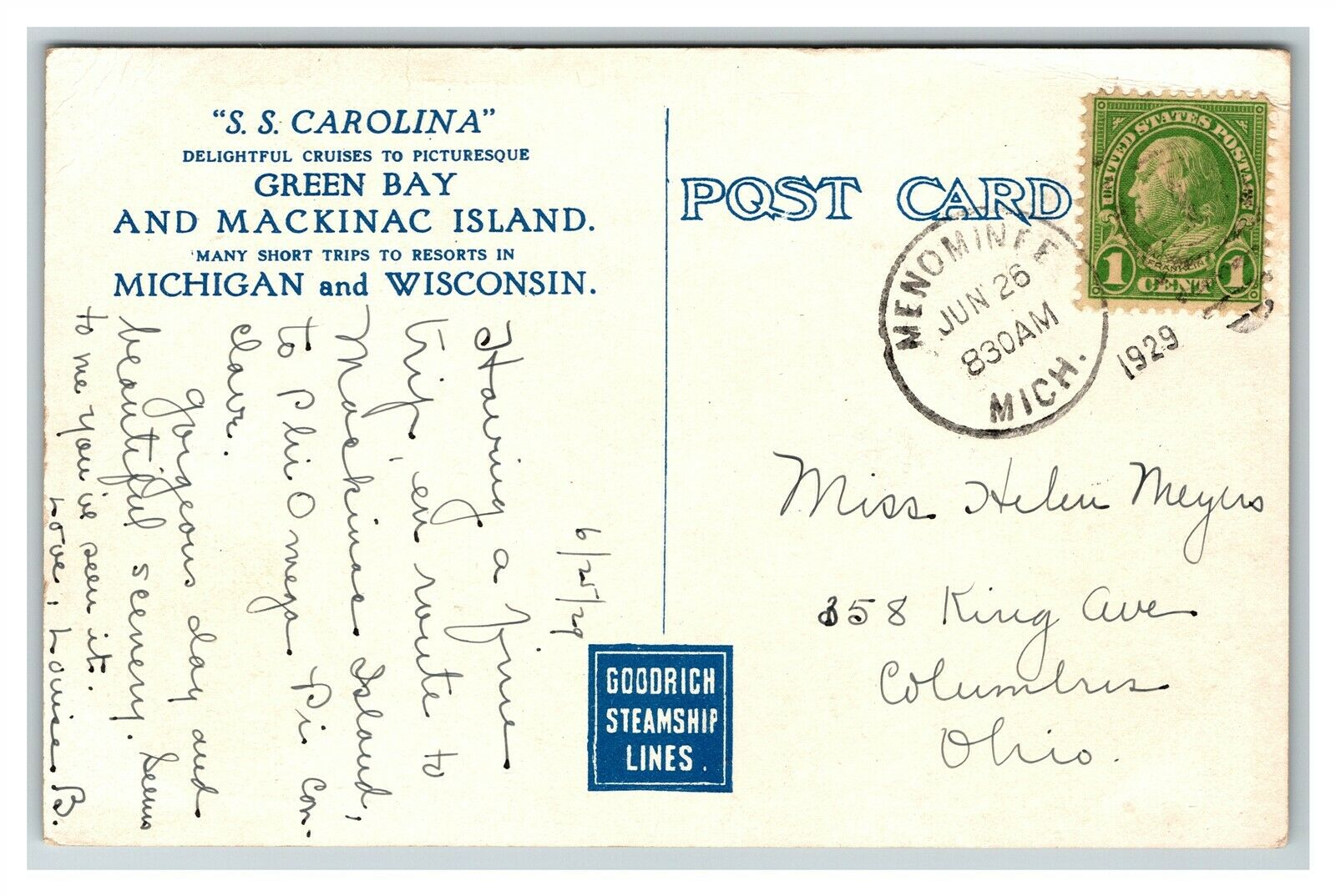 SS Carolina Goodrich Steamship Lines Chicago Mackinac Island White ...