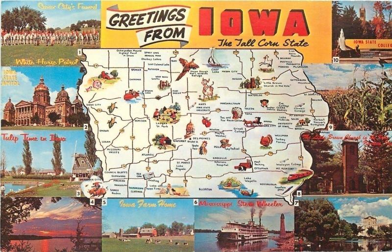Iowa~State Map Postcard~White Horse Patrol~Iowa State College~Tall Corn ...