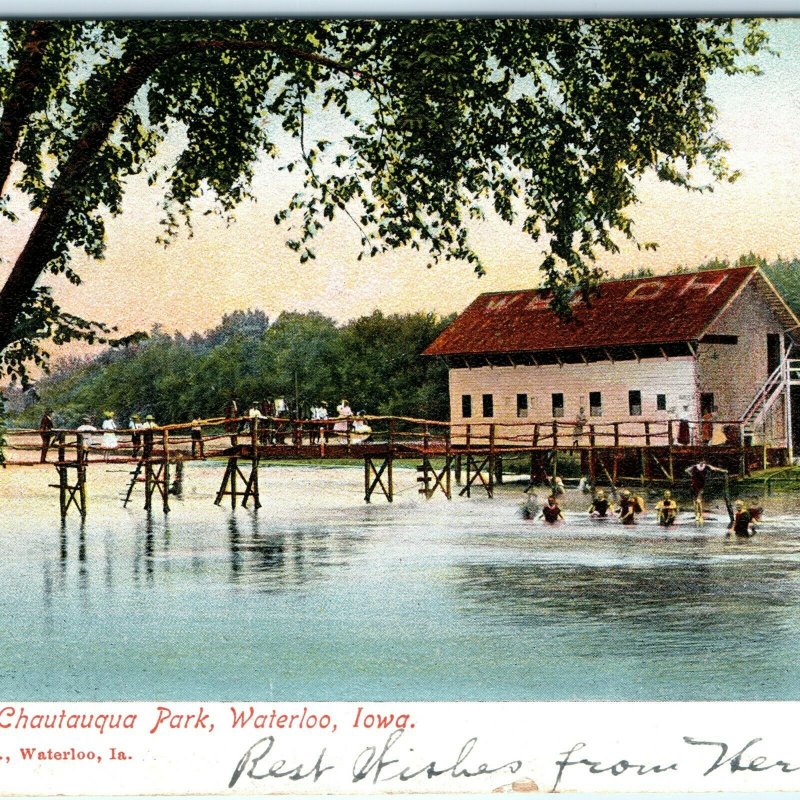 1907 Waterloo, IA Chautauqua Park Bath House Litho Photo Swim Cedar ...