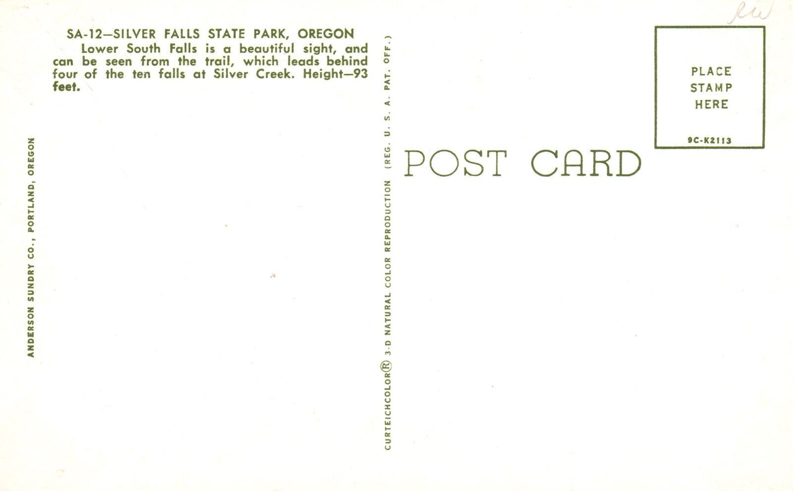 Vintage Postcard Silver Falls Waterfalls State Park Lower South Falls ...