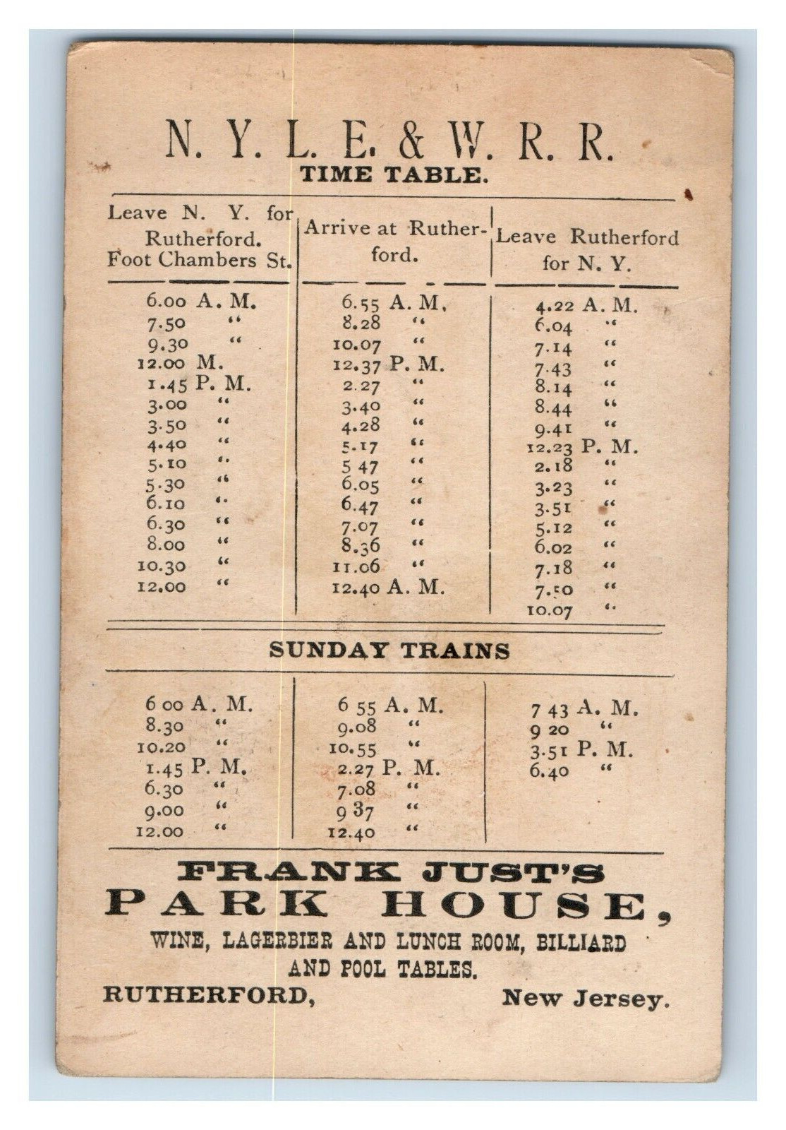 1880s N.Y. Western Railroad Time Table lake Erie Frank Just's Park ...