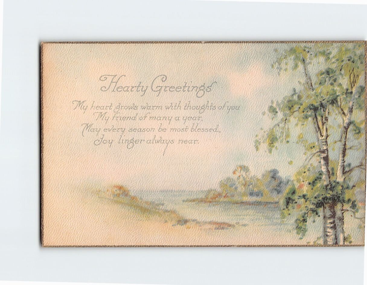 Postcard Hearty Greetings with Poem and Trees Bush Art Print, Greeting ...