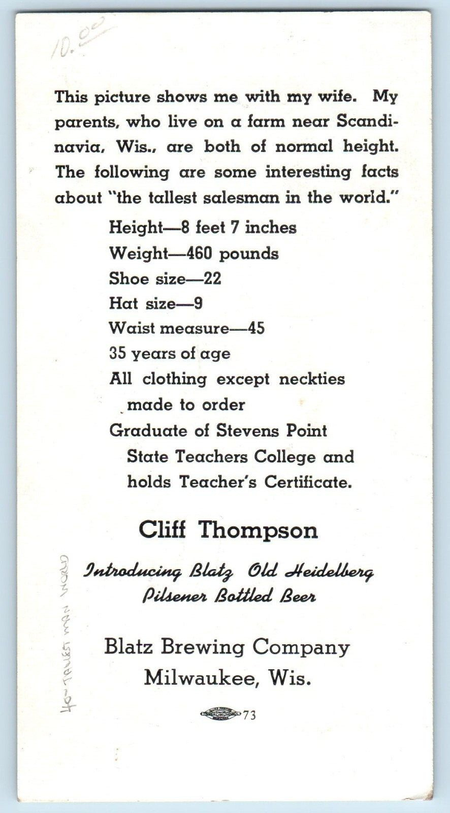 Cliff Thompson Postcard The Tallest In The World Blatz Brewing Co ...