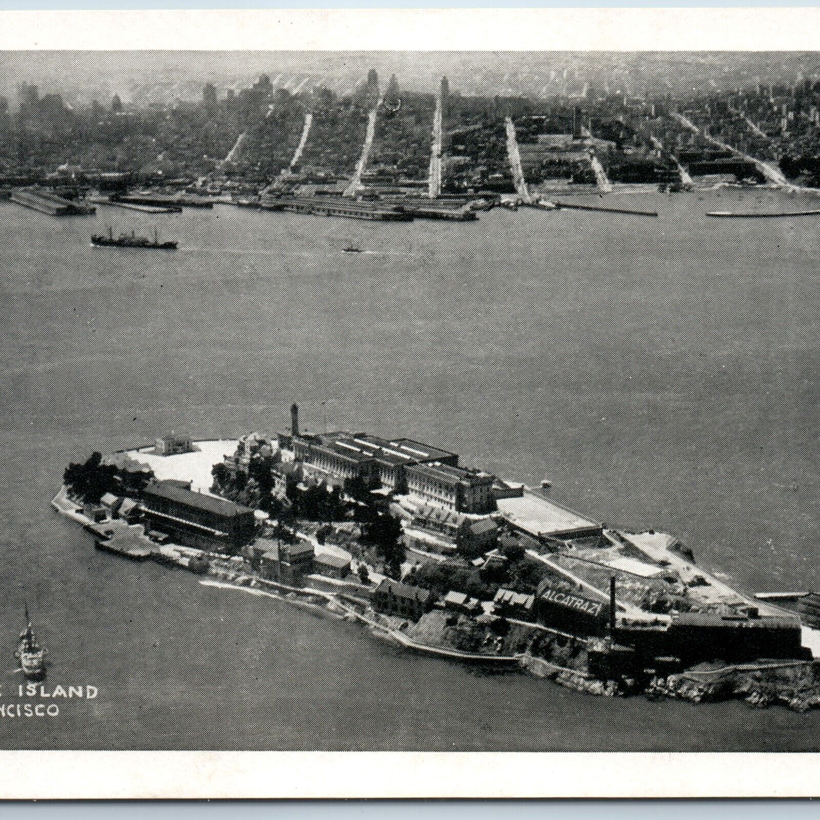 c1940s San Francisco CA Alcatraz Island Jail Birds Eye Aerial City ...