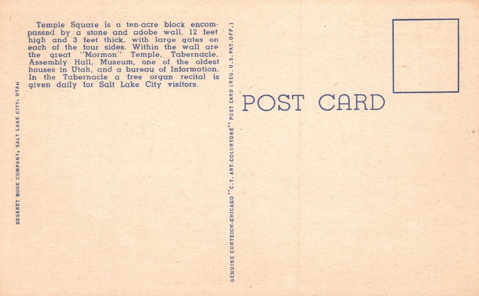 Vintage Postcard Mormon Temple Square At Night Stone Adobe Salt Lake ...