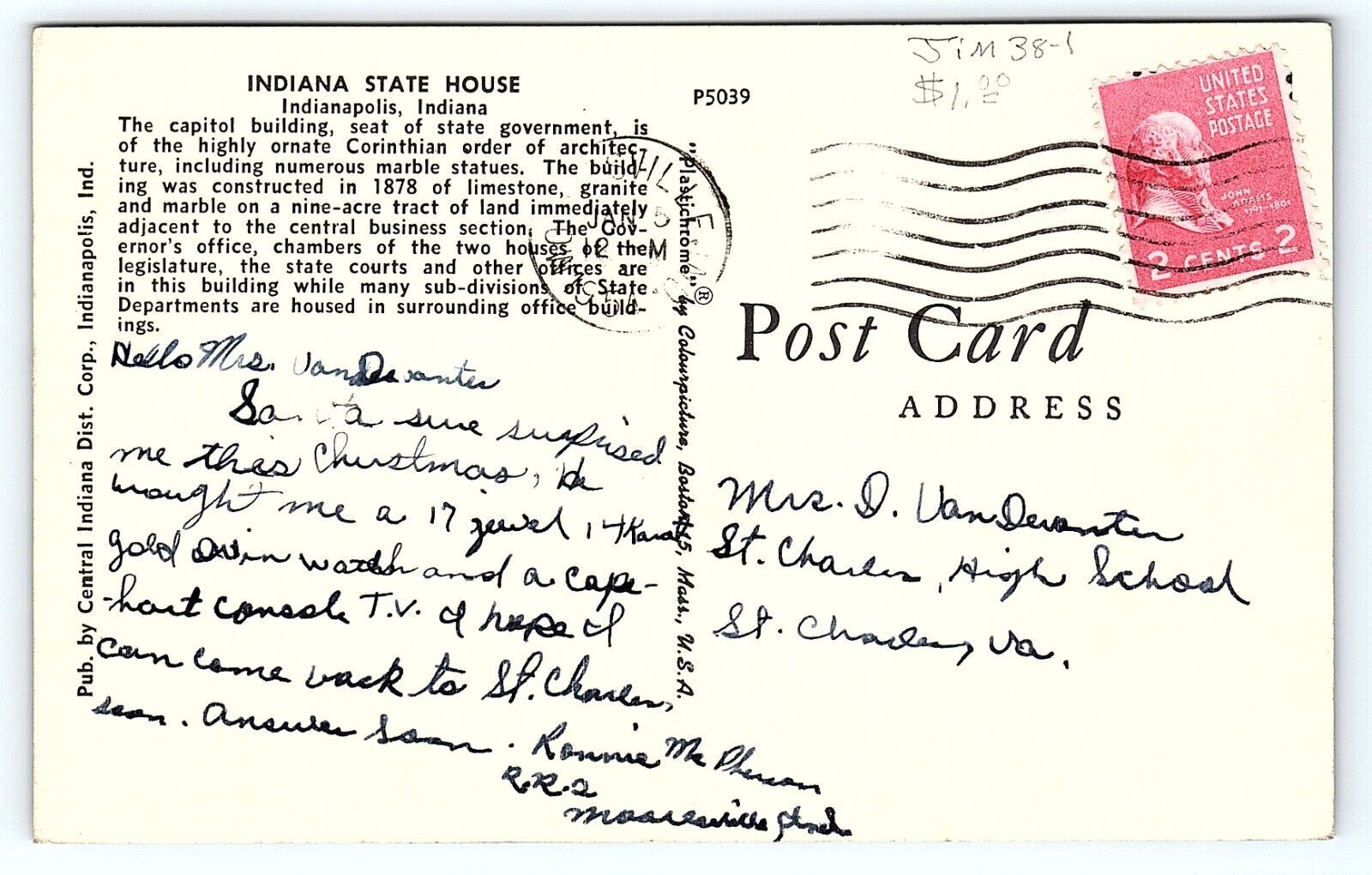 1950s Indianapolis Indiana State House Street View 50s Autos Postcard ...