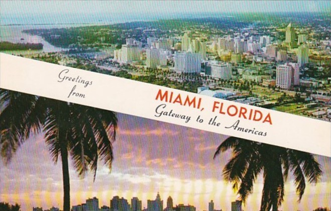 Florida Greetings From Miami Beach Showing Skyline and Aerial View Of ...