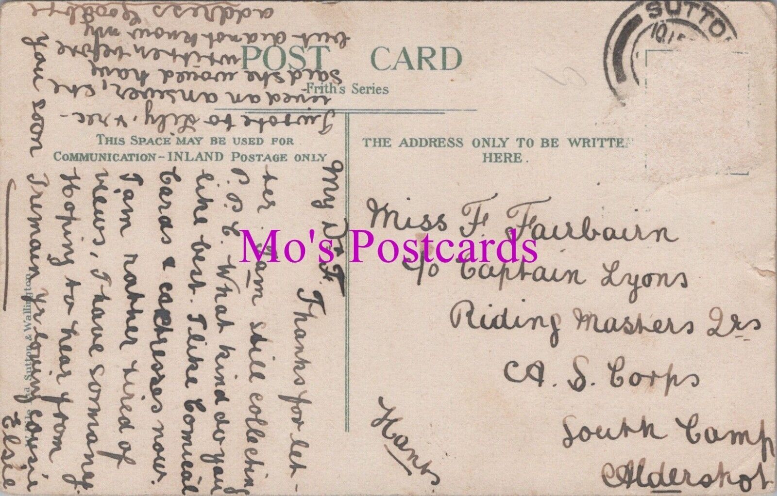 Genealogy Postcard - Fairbairn / Captain Lyons, A.S.Corps, South Camp ...