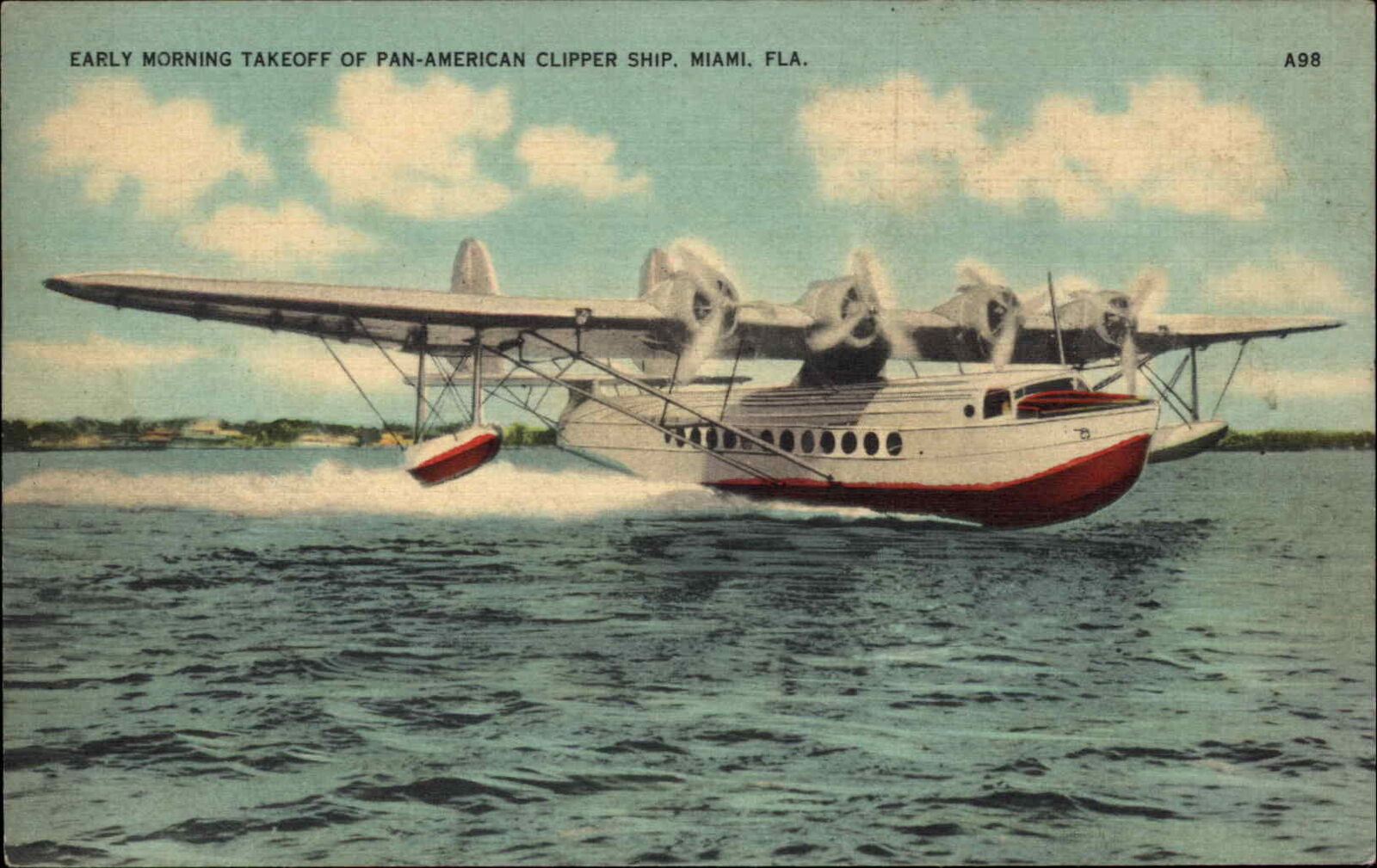 Miami Florida FL Pan-American Clipper Ship Airplane Linen Vintage ...
