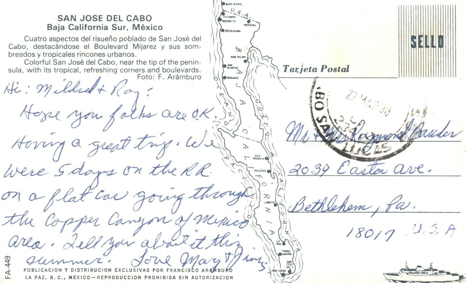 Vintage Postcard San Jose Del Cabo Cuatro Del Resueno Baja California ...