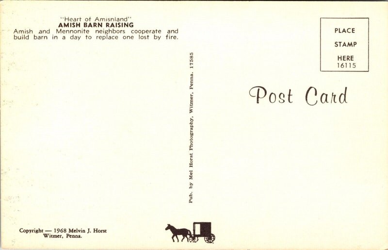 Amish Barn Raising Mennonite Postcard Melvin Horst Witmer PA ...