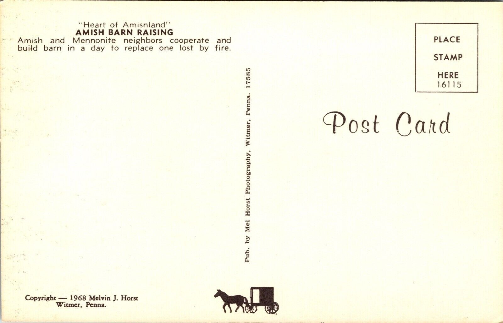 Amish Barn Raising Mennonite Postcard Melvin Horst Witmer PA ...