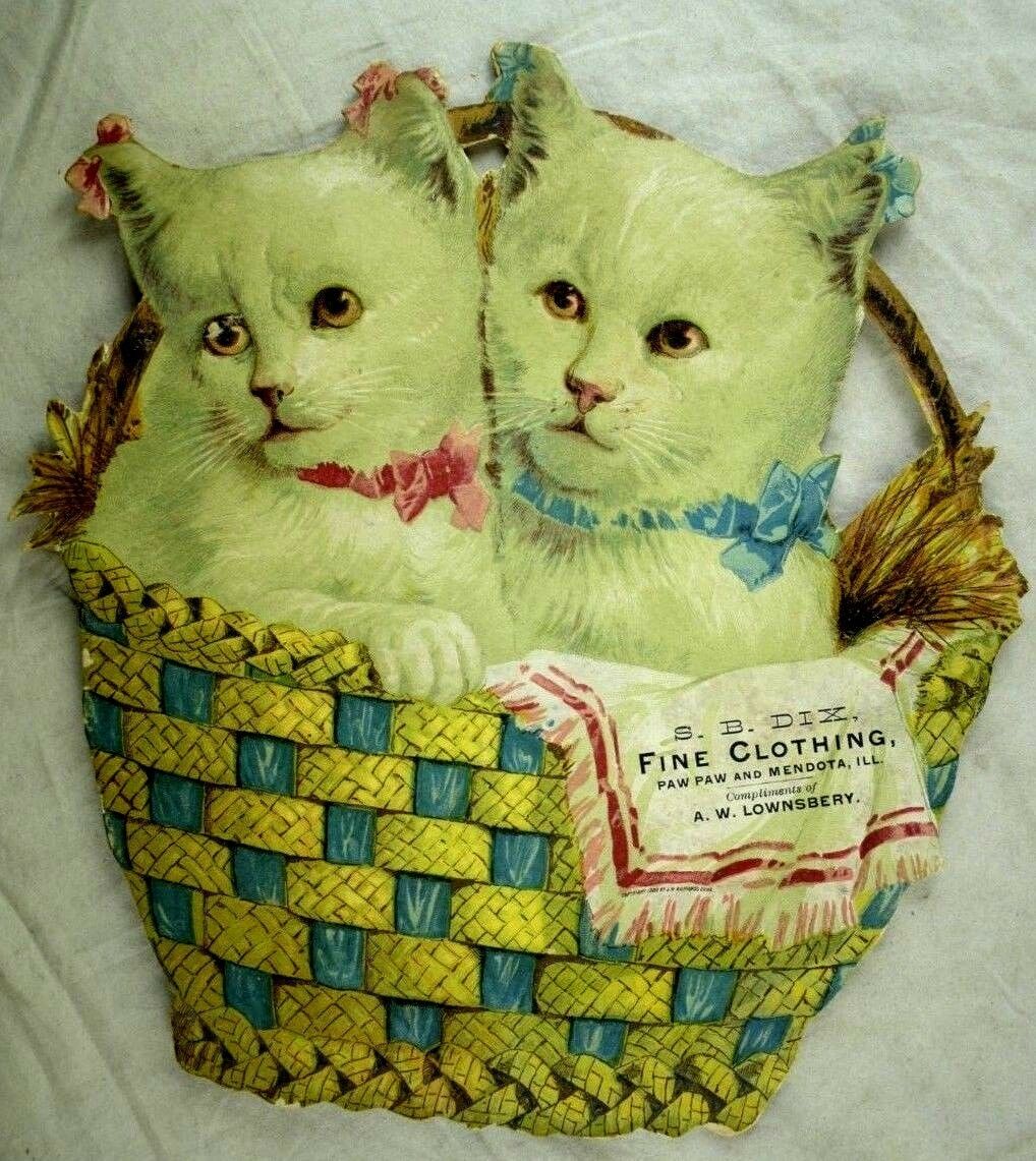 1880's Large Die-Cut Adorable White Cats Kittens Basket S. B Dix ...