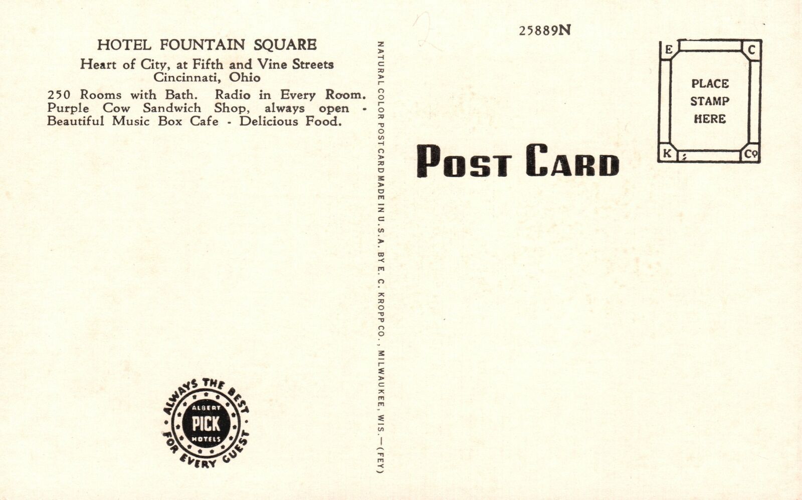 Vintage Postcard Hotel Fountain Square Music Box Cafe Heart City ...