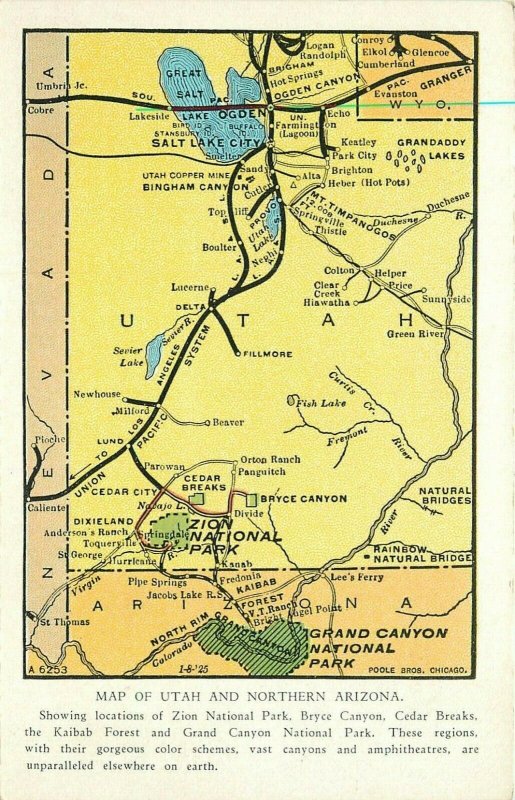 Union Pacific System (Railroad) Map Of Utah & Northern Arizona Postcard ...