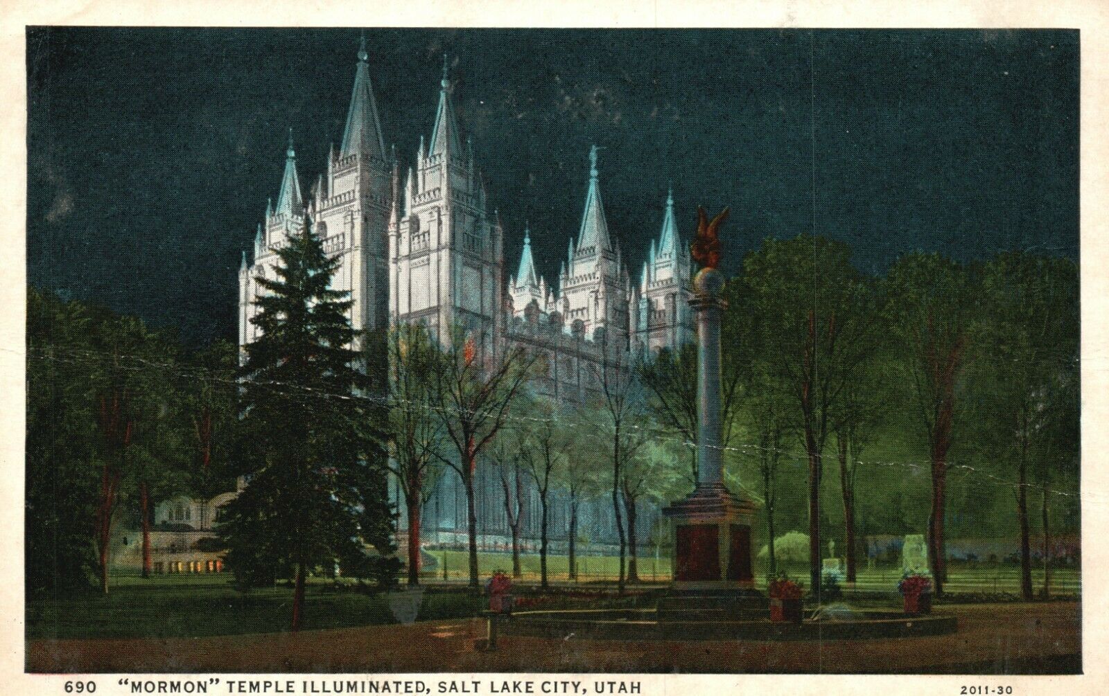 Vintage Postcard 1930's Mormon Temple Illuminated Salt Lake City Utah ...