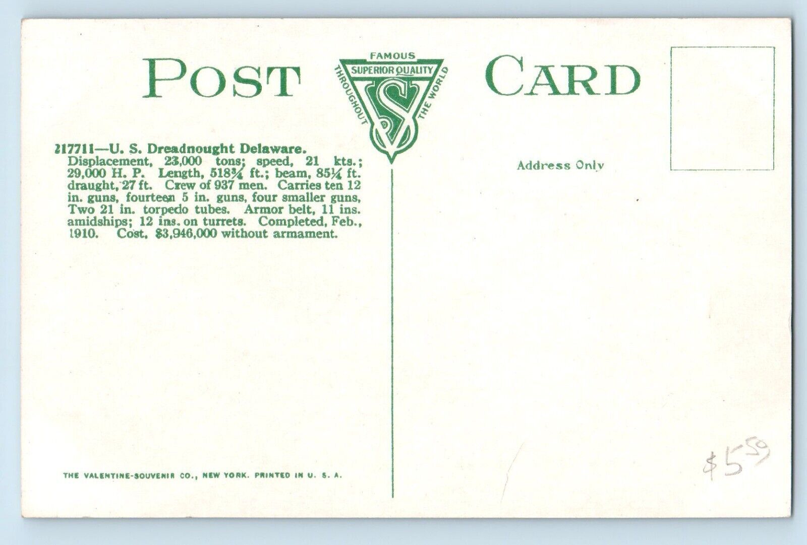 Delaware Postcard US Dreadnought US Navy Battleship Warship 1910 ...