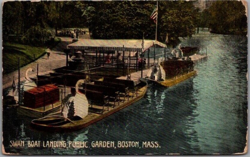 1910s BOSTON, Massachusetts Postcard "Swan Boat Landing, Public Garden ...