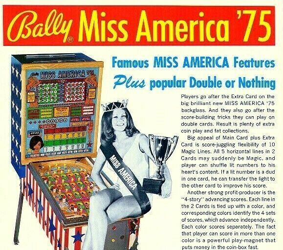 Miss America Pinball FLYER Original 1975 Bingo Game Art Pretty Lady ...