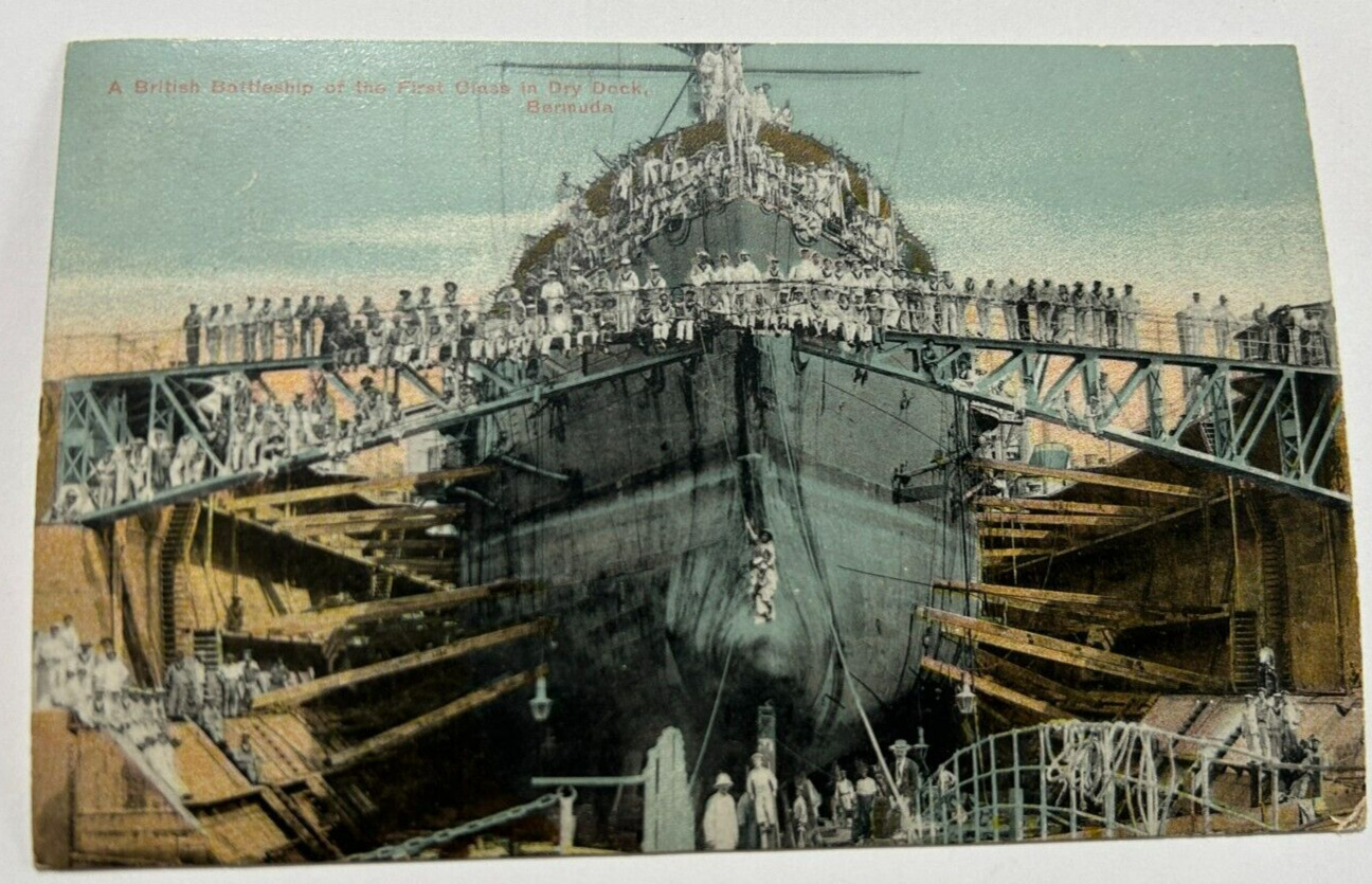 British Royal Navy Battleship in Dry Dock Bermuda Sailors WWI Postcard ...