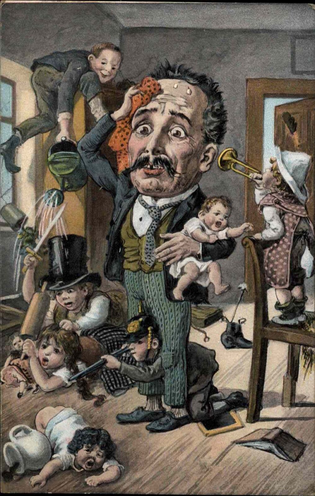 Harried Father with Many Children Toy Gun Prussian Helmet c1910 PC ...