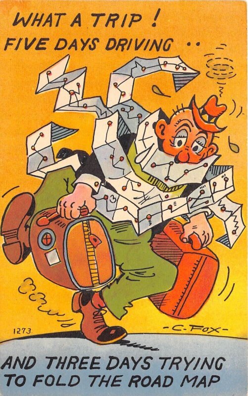 What A Trip 1940s Comic Humor Postcard Driving Man Trying To Fold Road ...