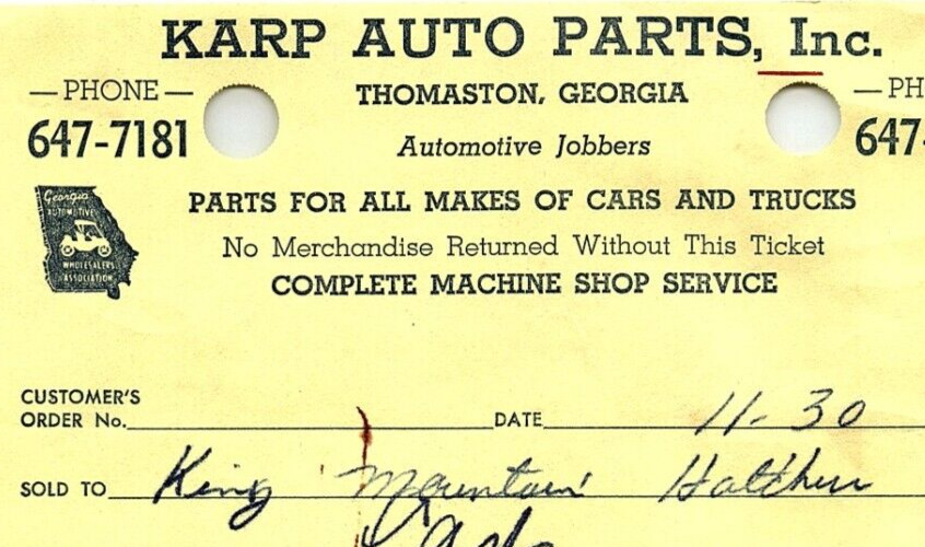 1968 Thomaston Georgia Karp Auto Parts Machine Shop Invoice Z922 ...