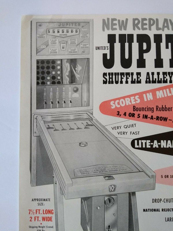 Jupiter Arcade FLYER Original NOS Puck Shuffle Bowling Alley Game 1958 ...