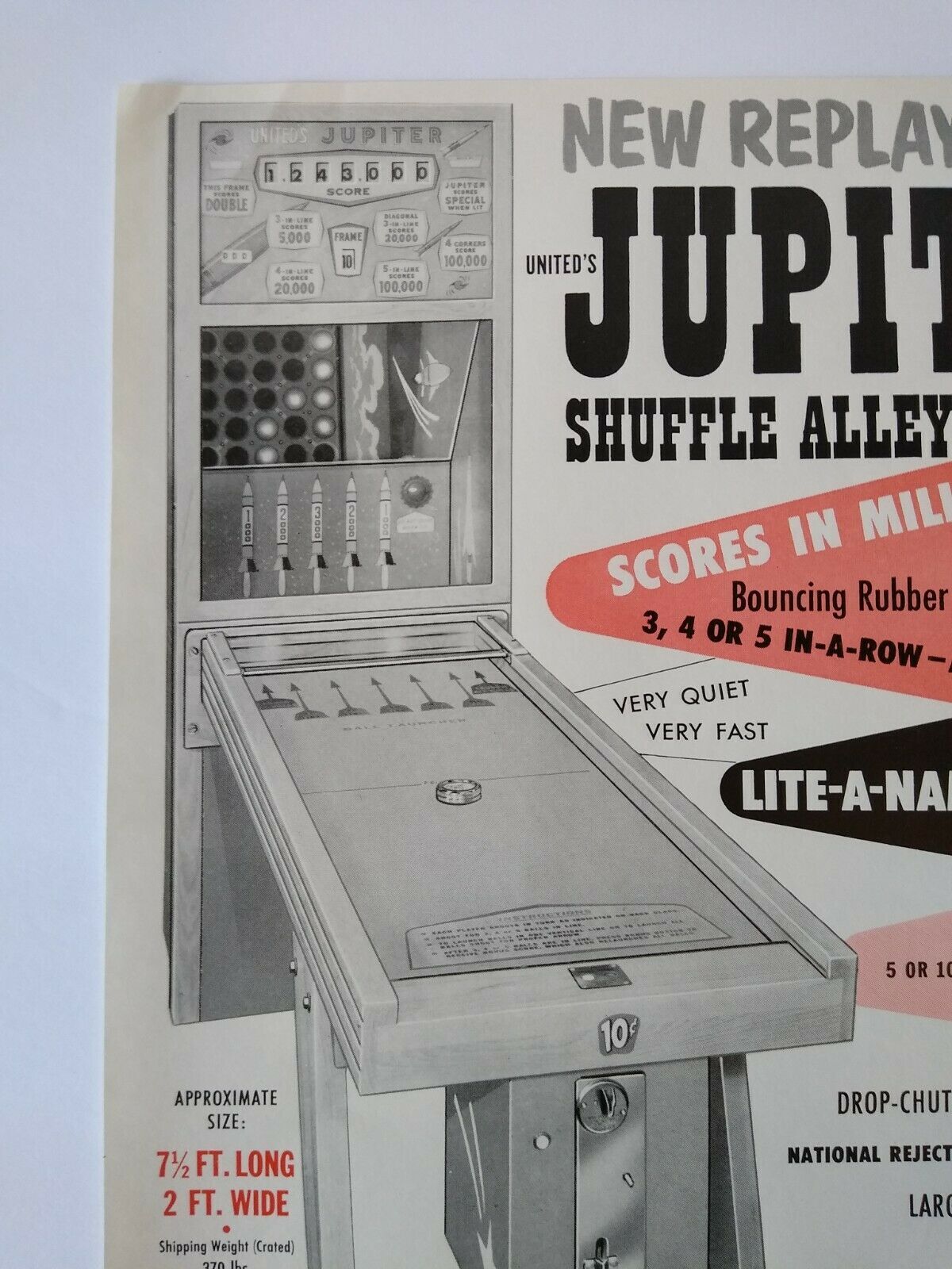 Jupiter Arcade FLYER Original NOS Puck Shuffle Bowling Alley Game 1958 ...