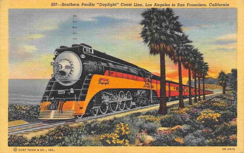 Southern Pacific Daylight Express Railroad Train Streamliner 1948 linen ...