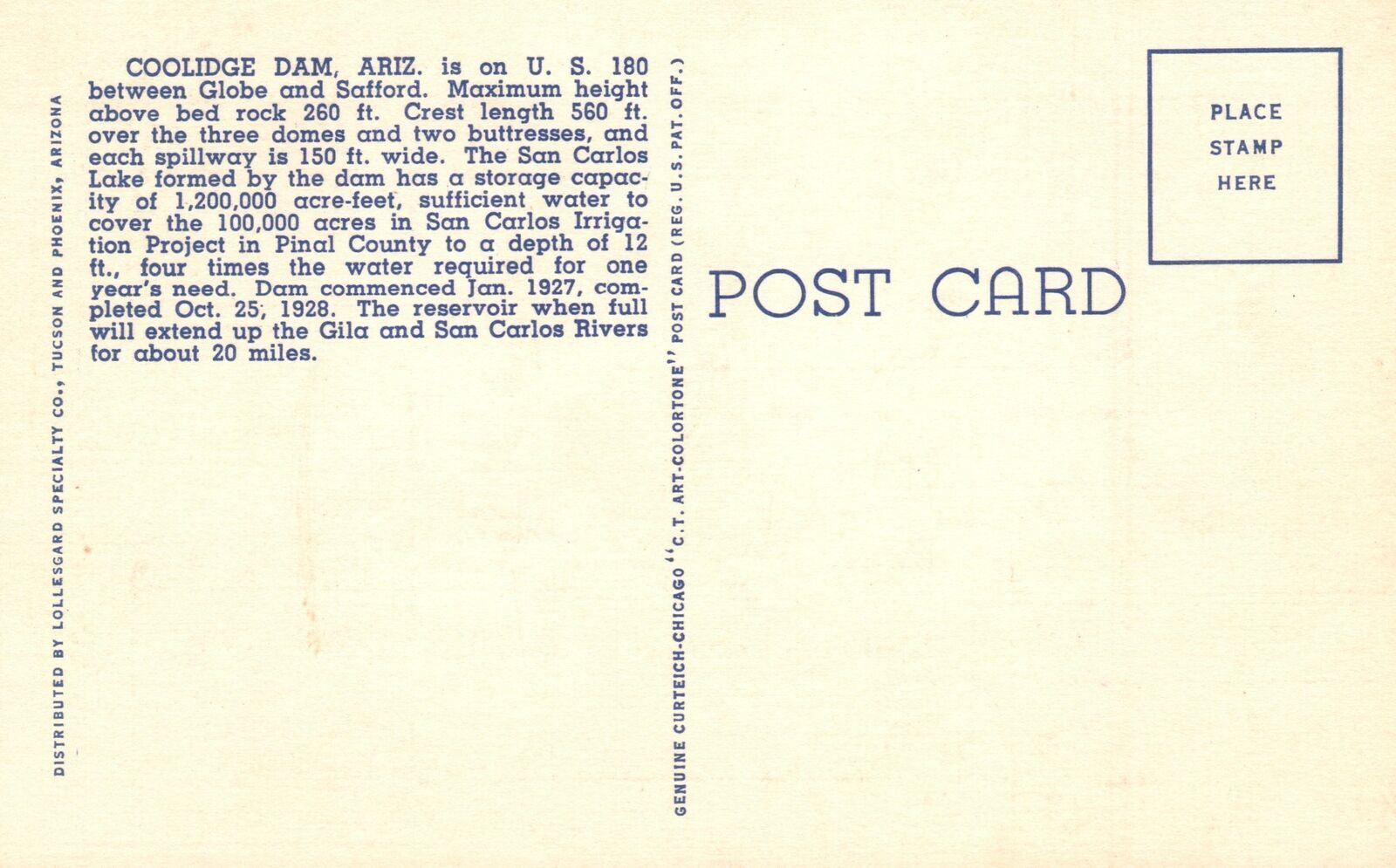 Vintage Postcard Coolidge Dam Between Globe And Safford Spillway Dome ...