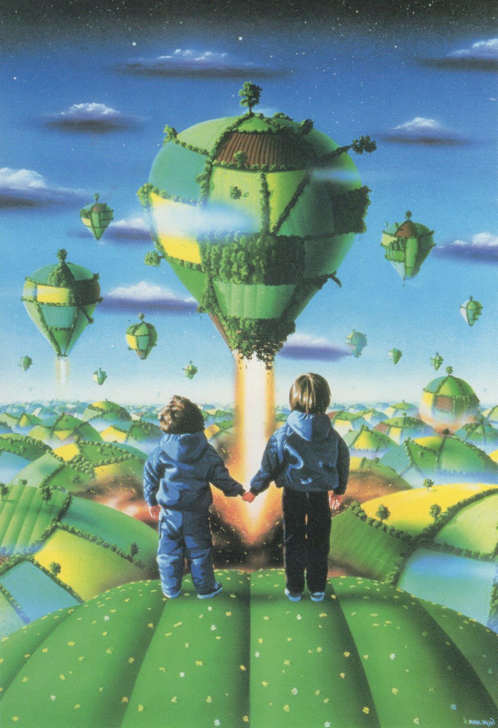 Hot Air Balloon as UFO Spaceship & Children Rare Painting Postcard ...