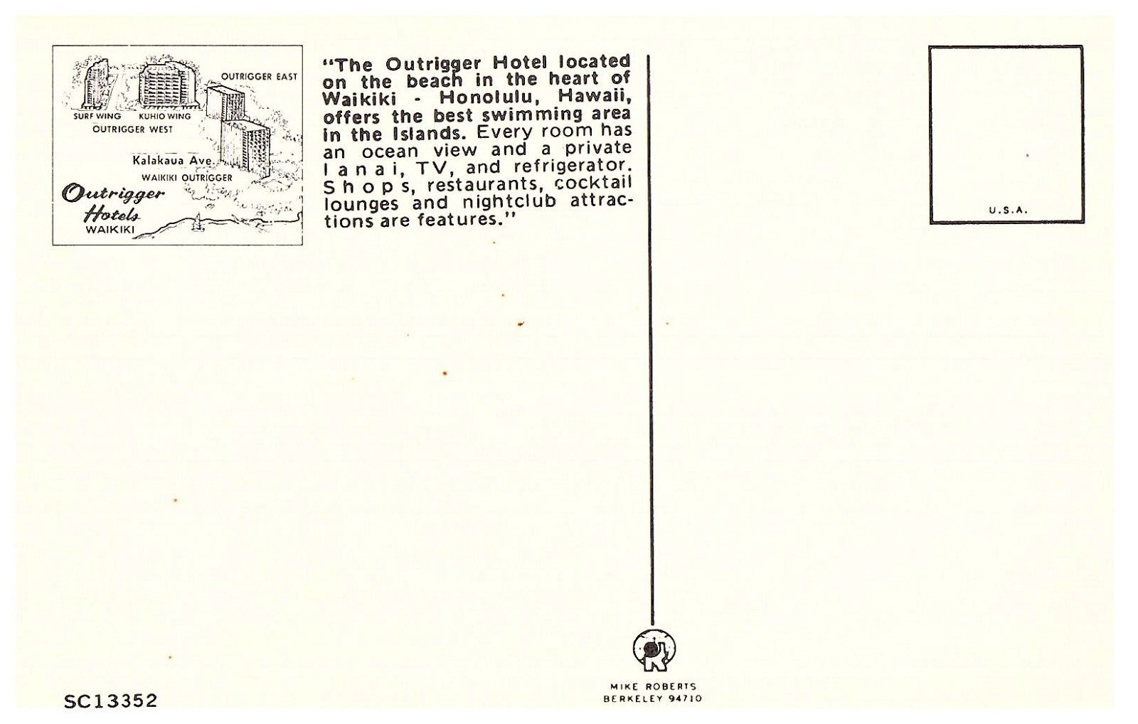 Outrigger Hotel Waikiki Beach w / Map Hawaii Postcard | United States ...