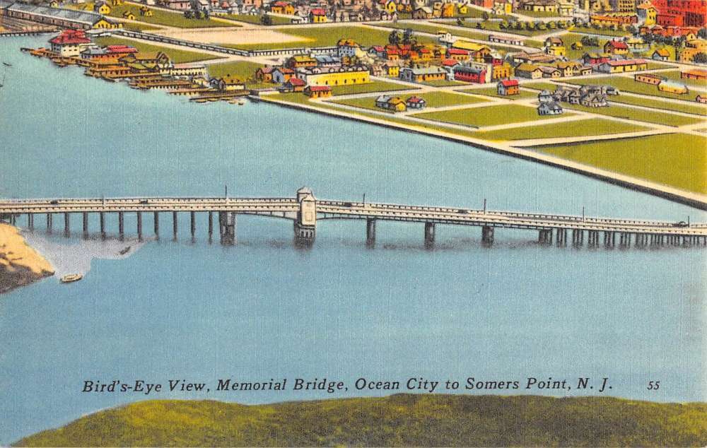 Somers Point New Jersey Memorial Bridge Birdseye View Antique Postcard ...