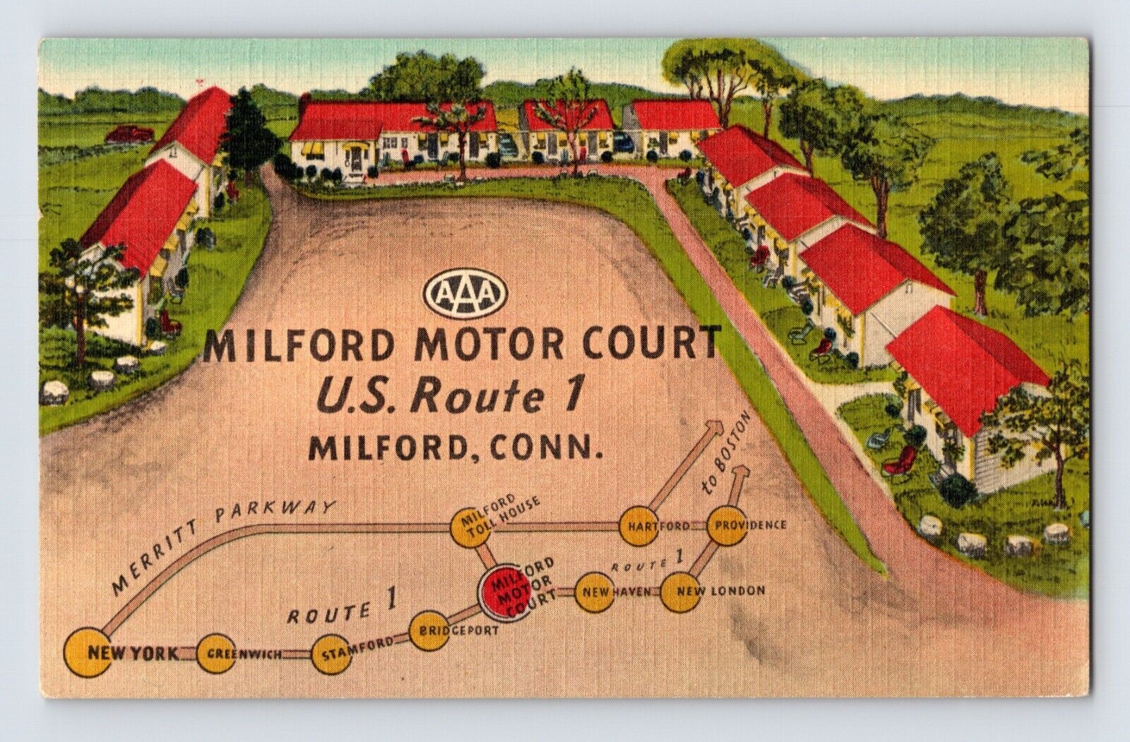 Postcard Connecticut Milford CT Motor Court Motel Map 1940s Unposted ...