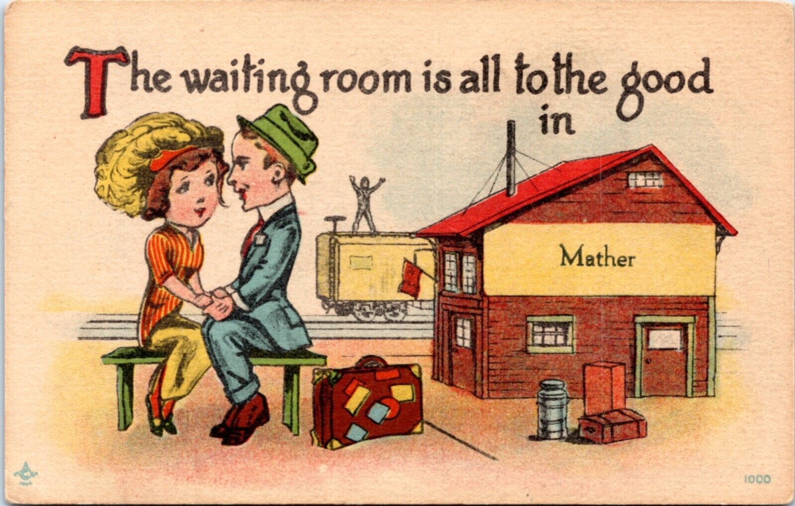 Postcard CA Mather train station comic couple The Waiting room is all ...