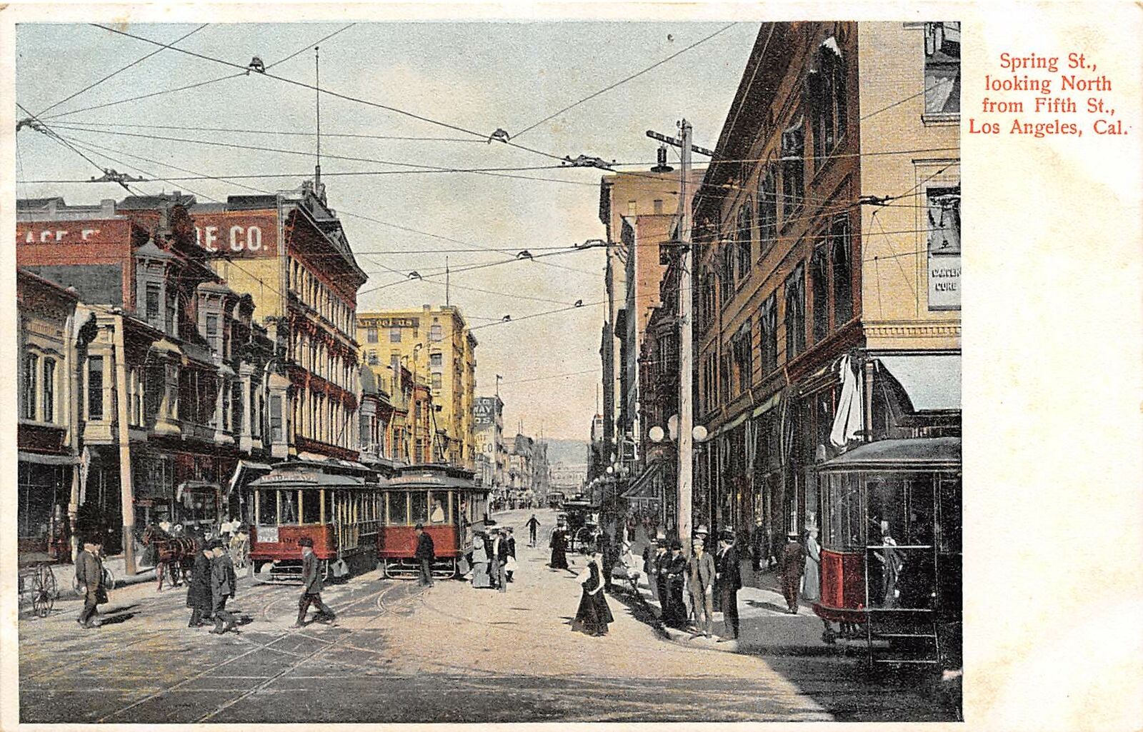 Spring Street North from 5th Streetcars Los Angeles California 1910c ...