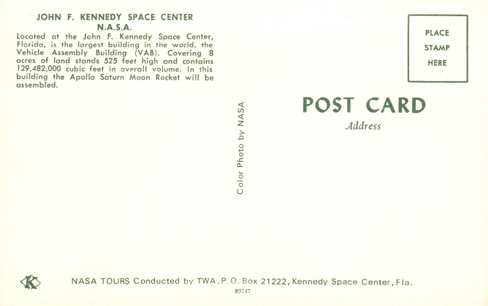 Vintage Postcard John F. Kennedy Space Center Nasa Largest Building ...