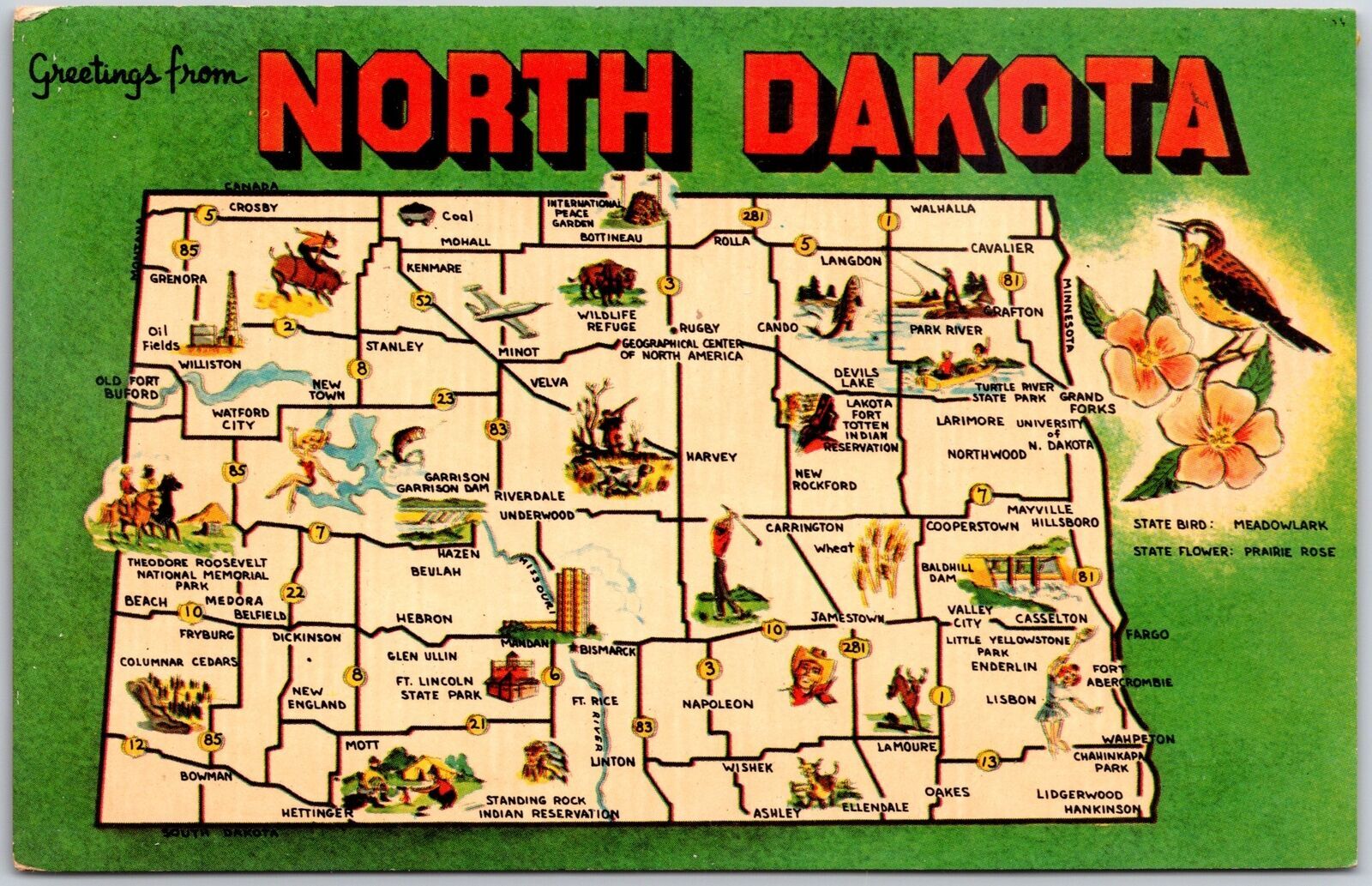 North Dakota ND, Sioux State, Famous Place, Map, Greetings, Vintage ...