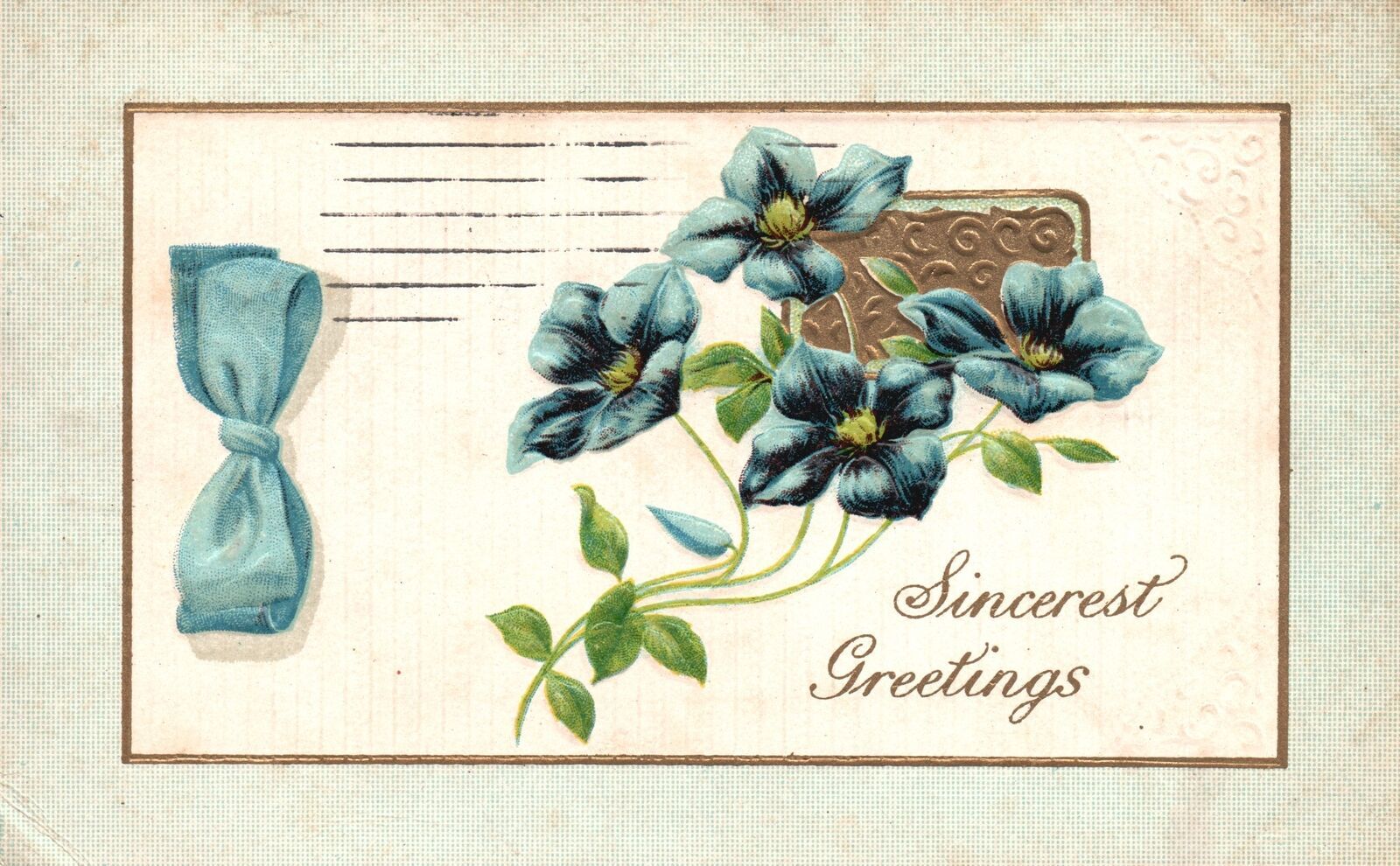 Vintage Postcard Sincerest Greetings Card Blue Ribbon & Flowers Floral ...
