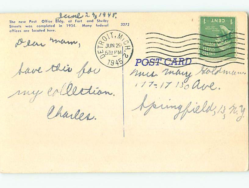 Linen NEWLY BUILT POST OFFICE SCENE Detroit Michigan MI hs1523 | United ...