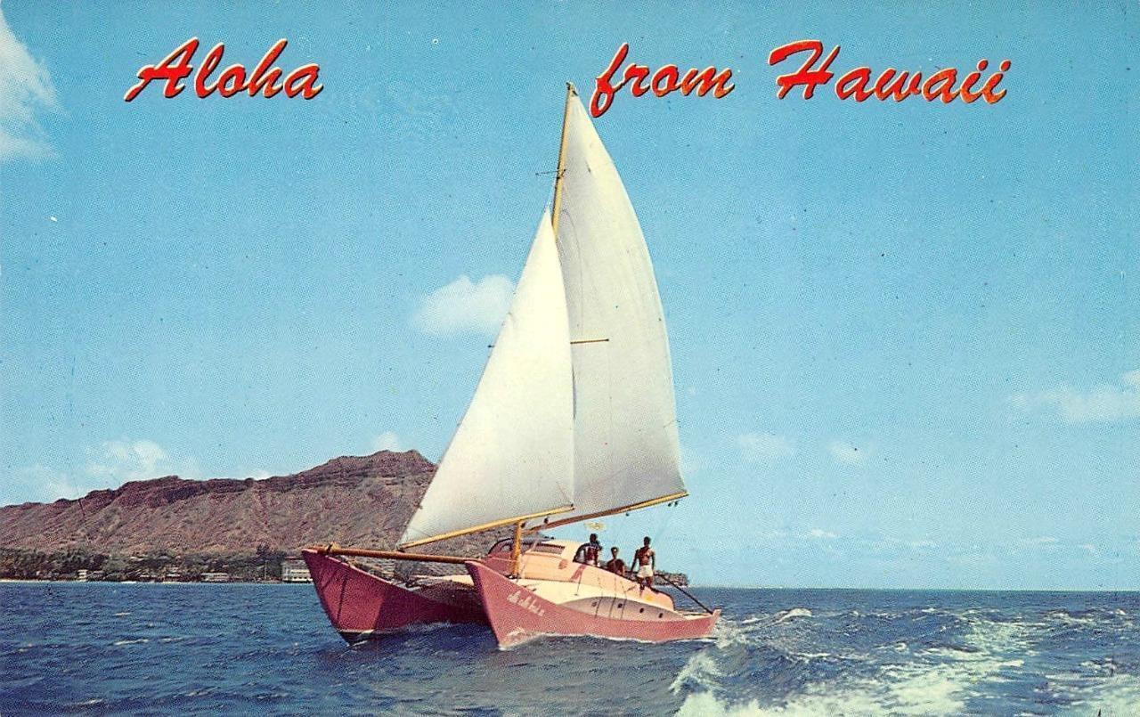"Aloha from Hawaii" Diamond Head Catamaran Waikiki Beach c1950s Vintage ...