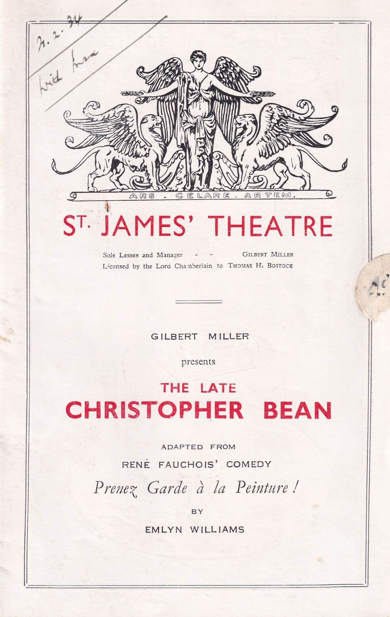 The Late Christopher Bean St James Theatre Comedy Old Programme ...