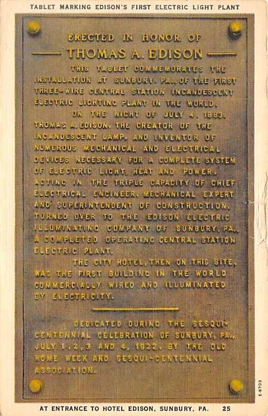 Tablet Marking Edison's First Electric Light Plant Hotel Edison ...