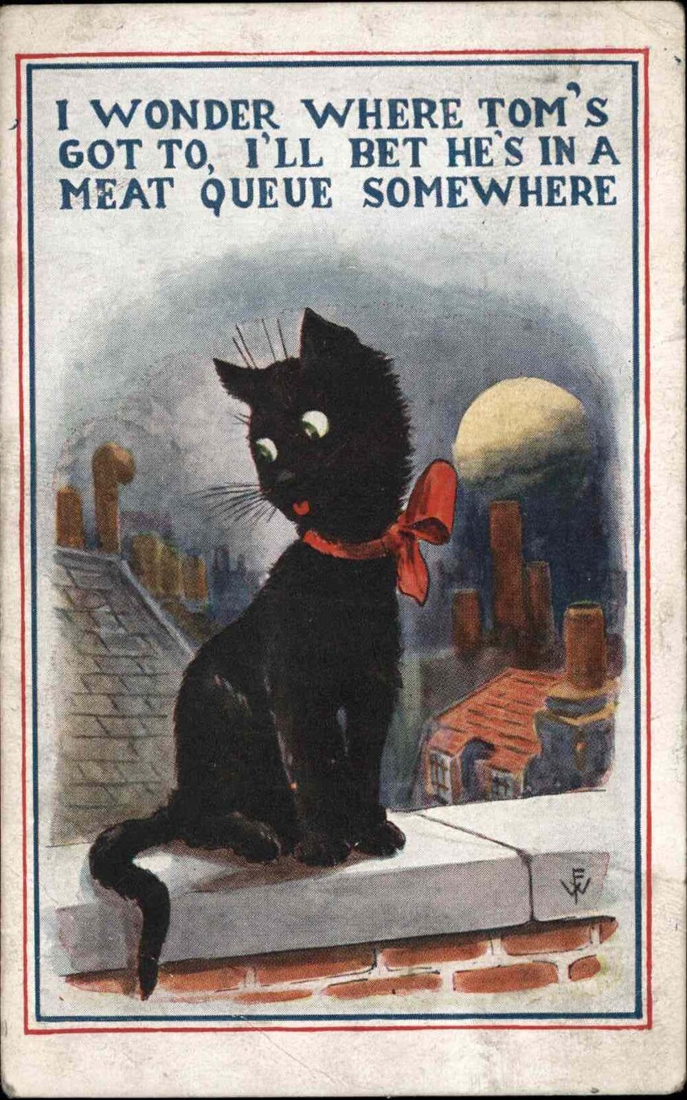 Vintage Black Cat Comic Postcard Rooftop Red Ribbon Kitty Cats | Other ...
