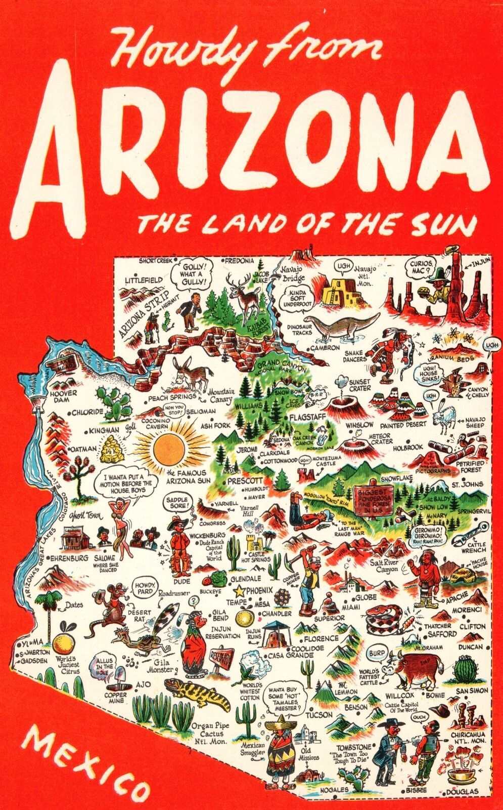 Vintage Postcard Howdy From Arizona the Land of the Sun Landmarks Map ...