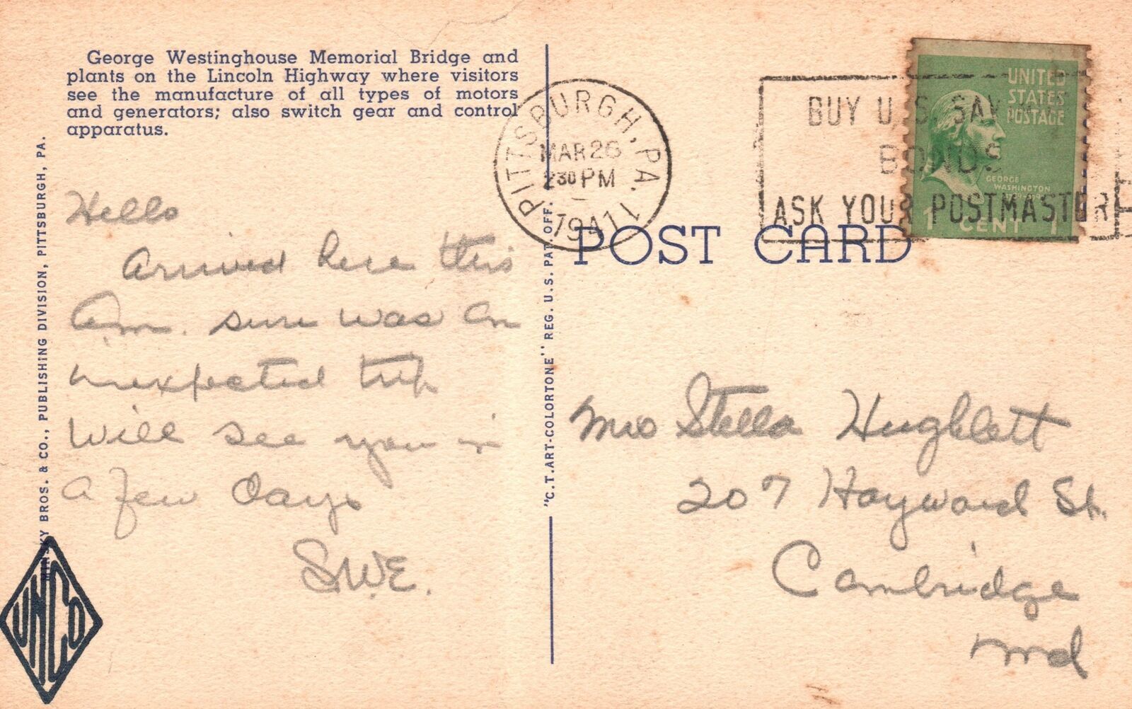 Vintage Postcard 1941 George Westinghouse Memorial Bridge East ...